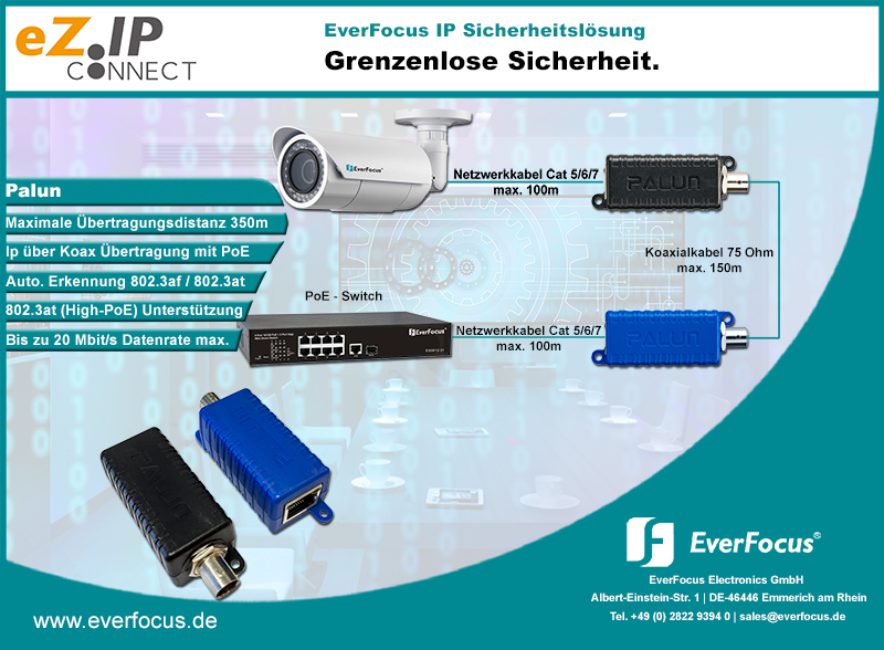 IP over Koax Wandler, Mediawandler EverFocus Palun-Set, IP über Koax ...